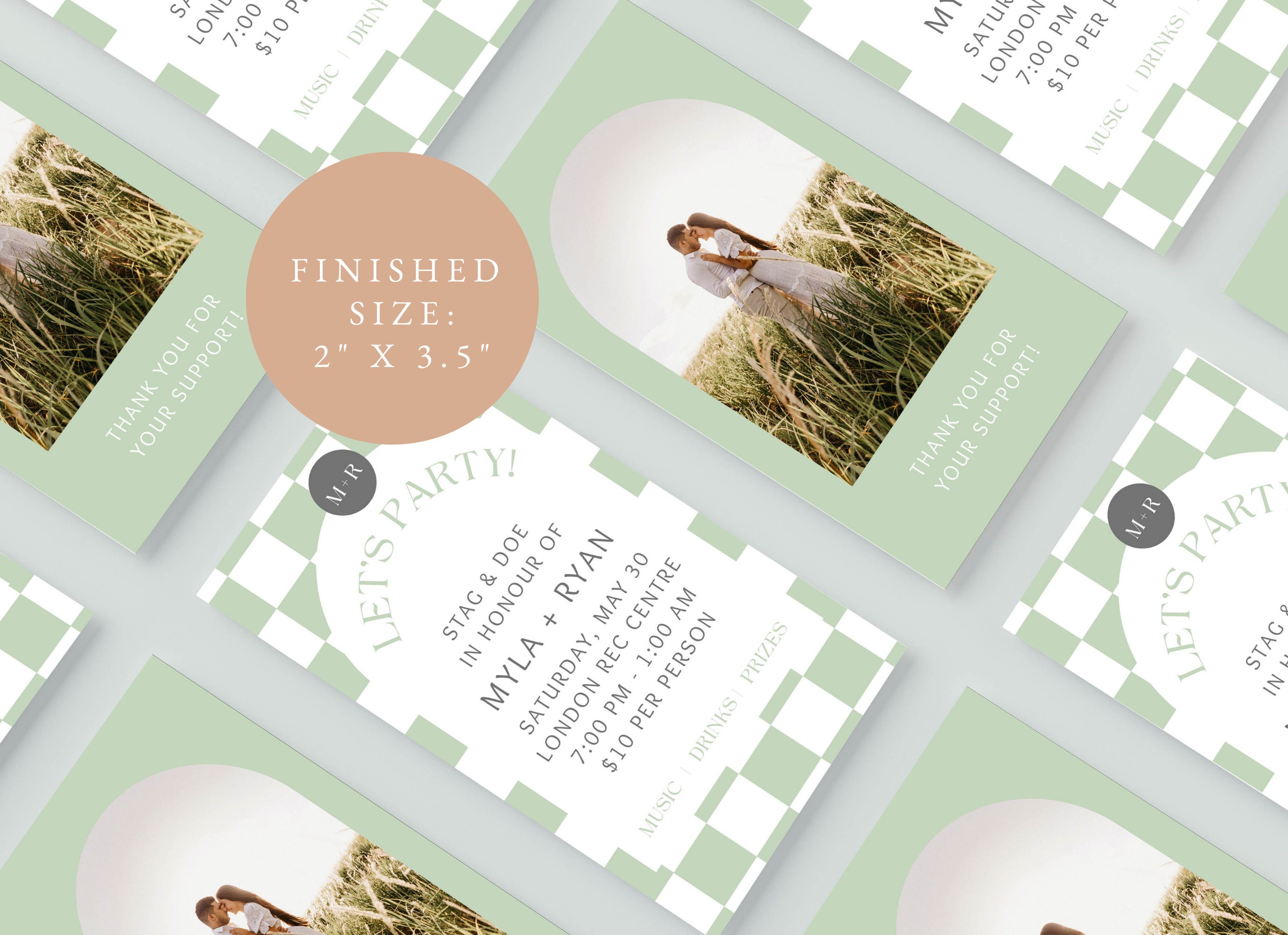 Checkered, Sage Green Stag and Doe Ticket Template, Retro Buck and Doe ...