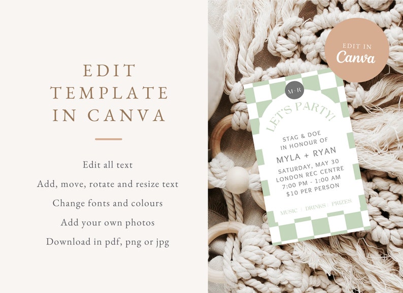 Checkered, Sage Green Stag and Doe Ticket Template, Retro Buck and Doe ...