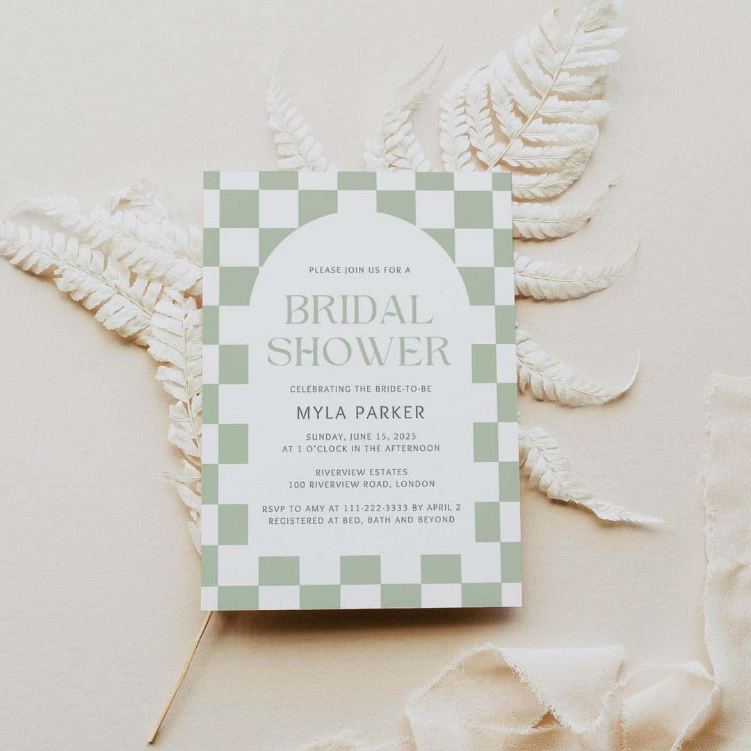 Checkered Sage Green Bridal Shower Invitation, Retro Checker Invitation Editable Canva Template ...
