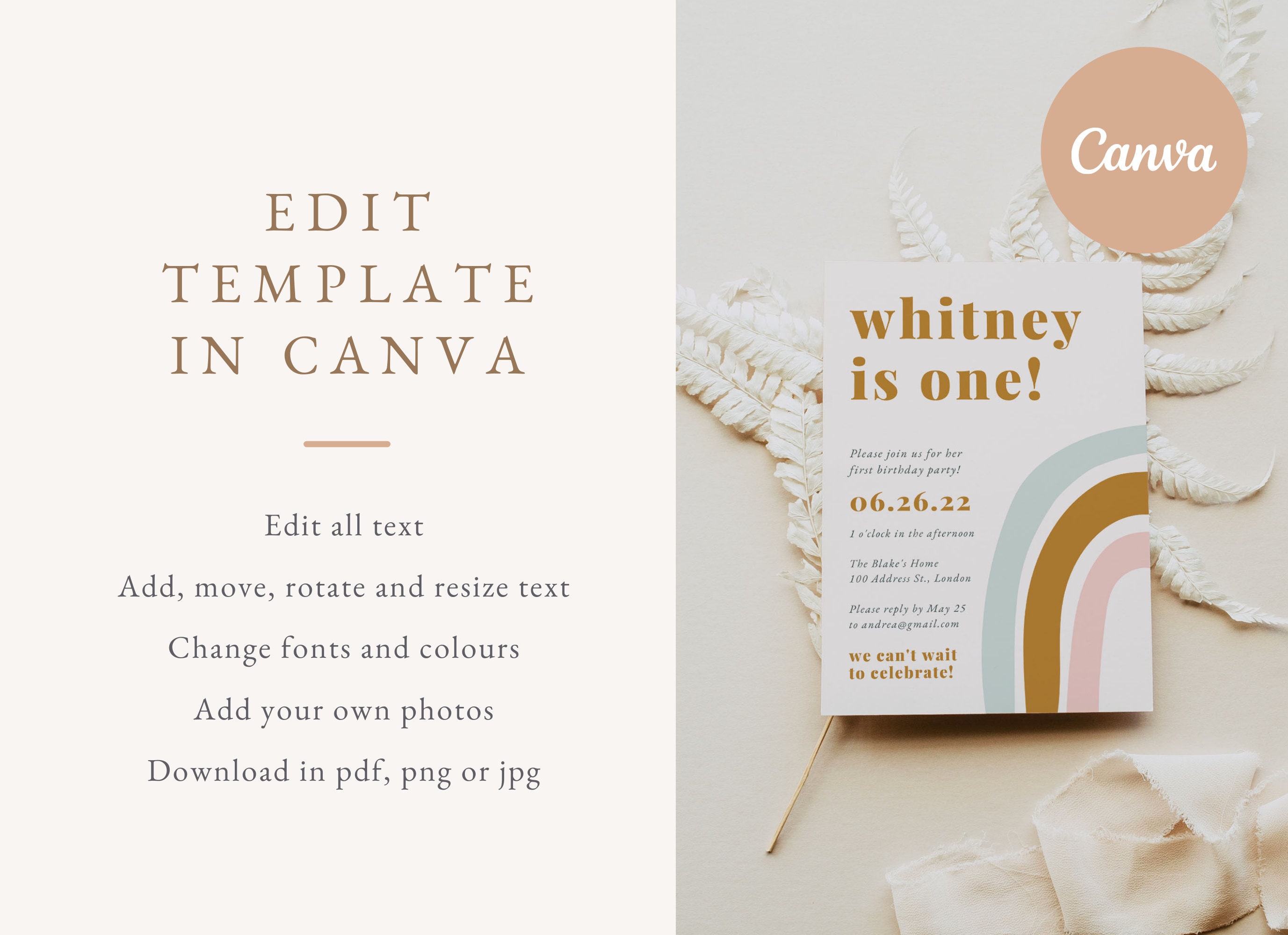 Rainbow Invitation, Neutral Birthday, First Birthday Invite - Editable ...