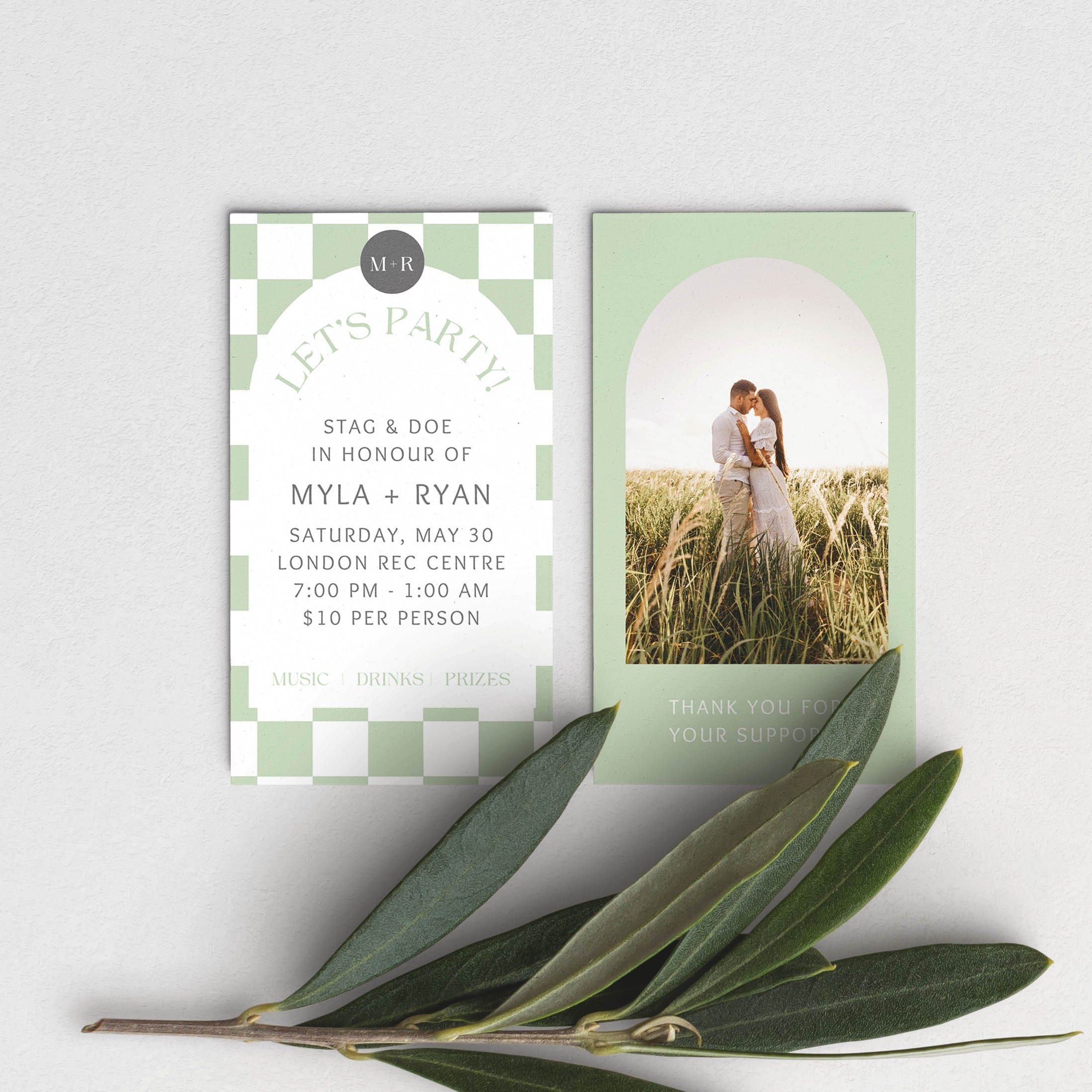 Checkered, Sage Green Stag and Doe Ticket Template, Retro Buck and Doe ...