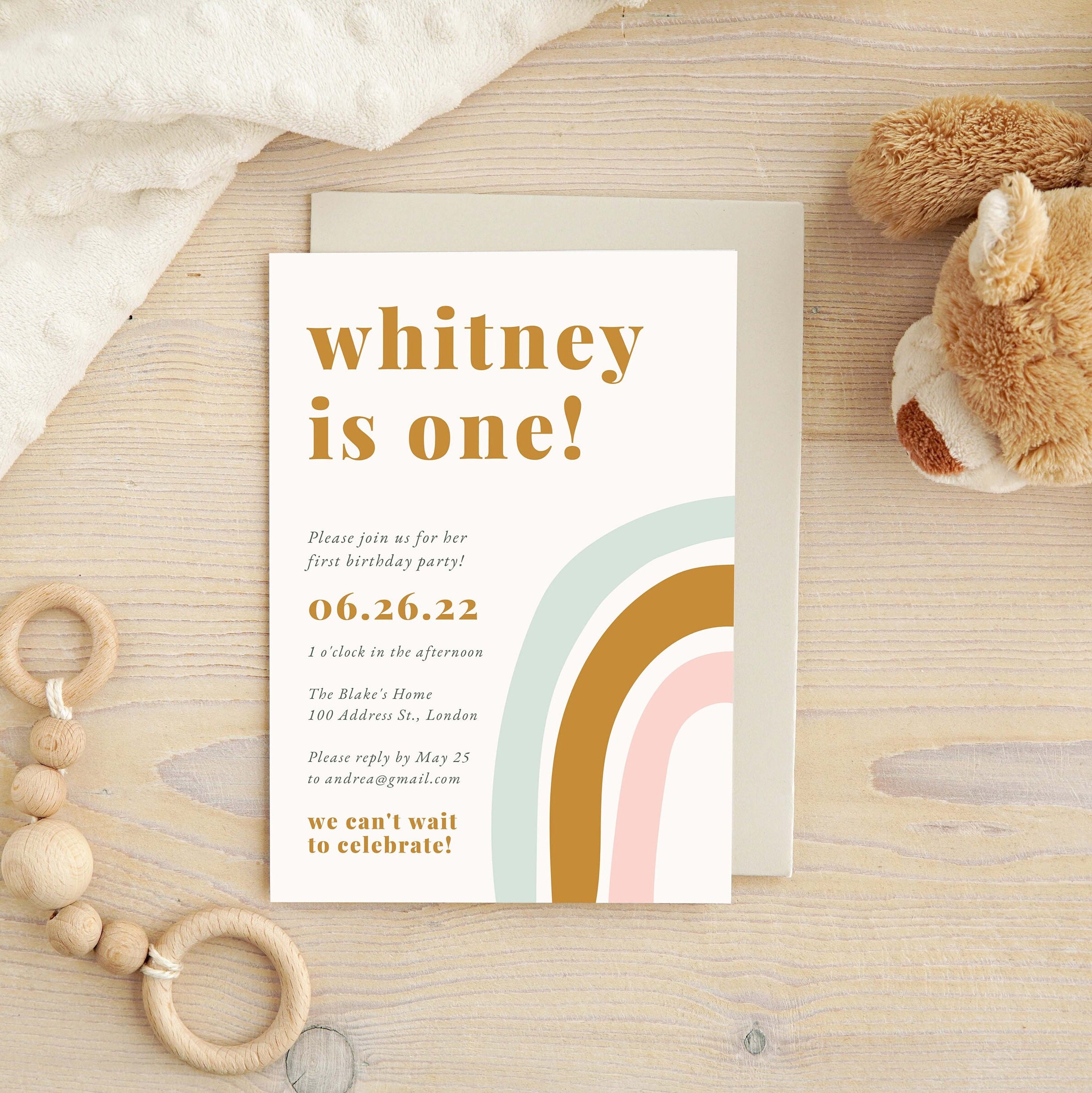 Rainbow Invitation, Neutral Birthday, First Birthday Invite - Editable ...