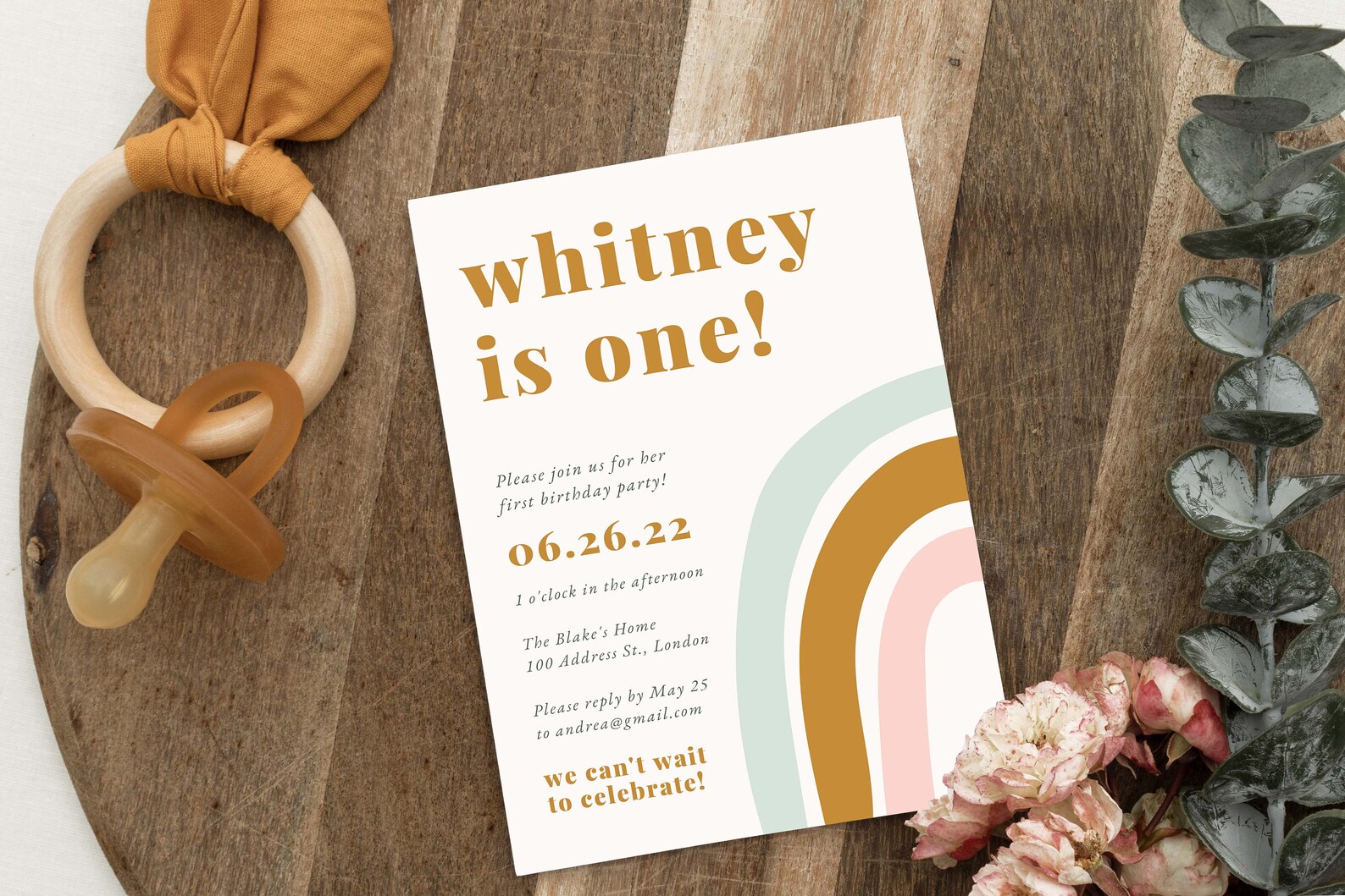 Rainbow Invitation, Neutral Birthday, First Birthday Invite - Editable ...