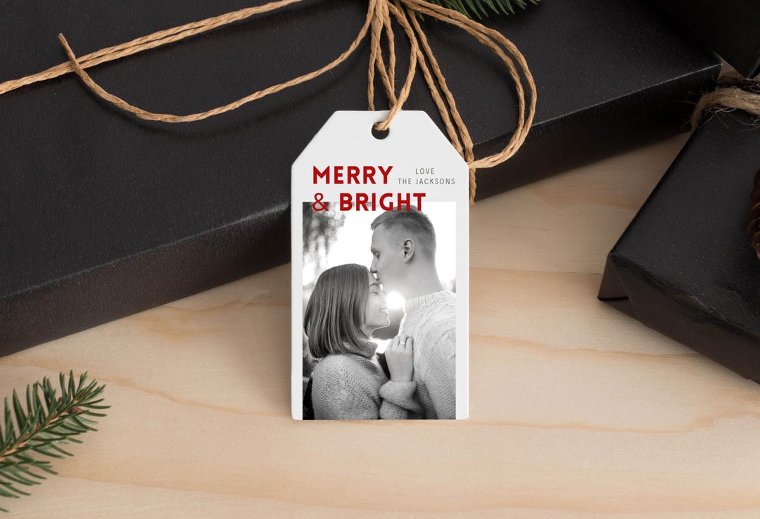 Merry & Bright Gift Tags, Printable Christmas Tags, Customizable Photo ...