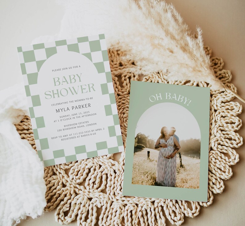 Sage Checkered Baby Shower Invitation, Retro Baby Shower Invite ...