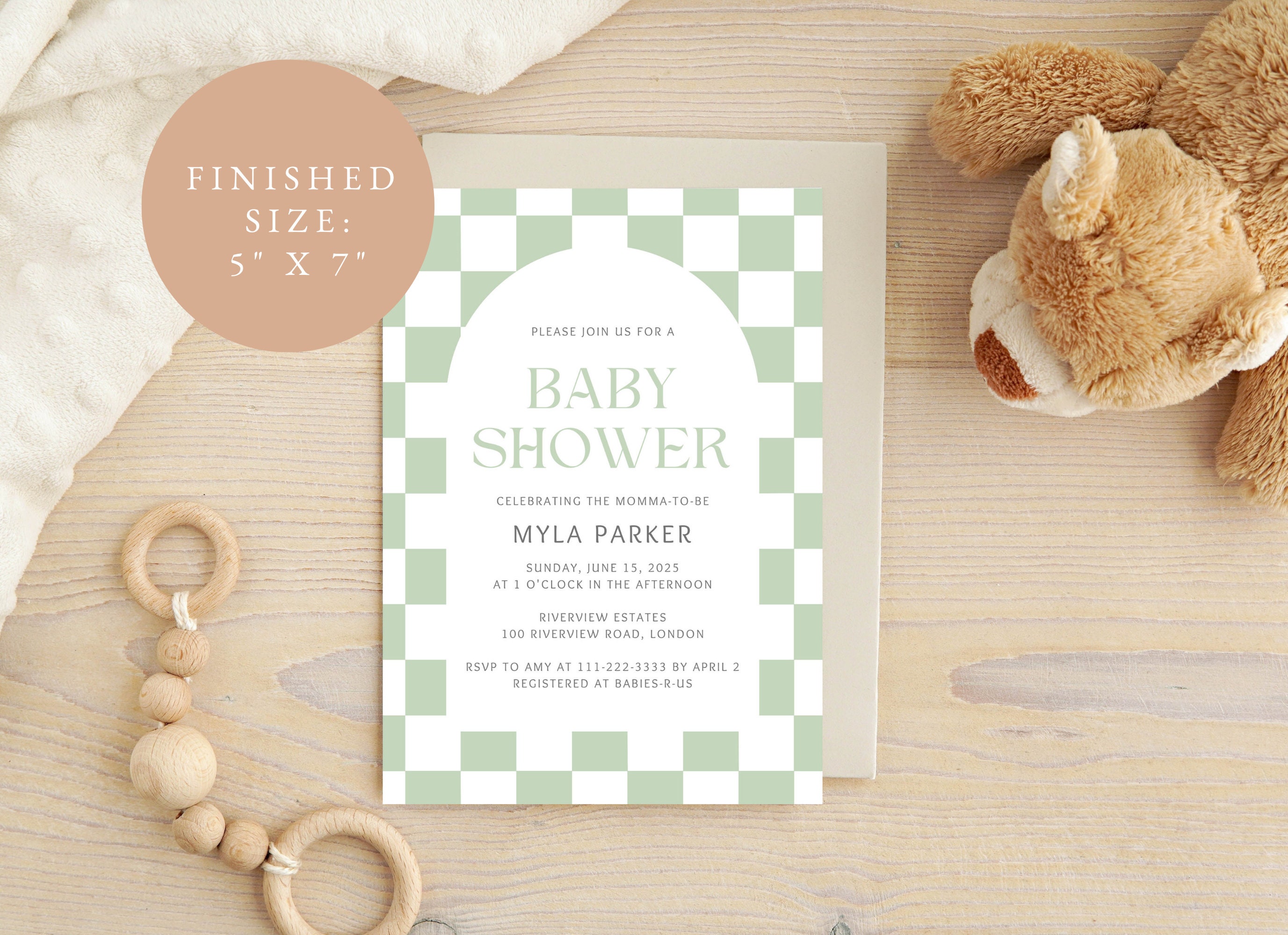 Sage Checkered Baby Shower Invitation, Retro Baby Shower Invite ...