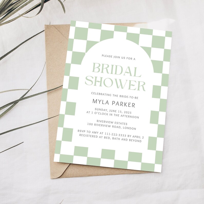 Checkered Sage Green Bridal Shower Invitation, Retro Checker Invitation ...
