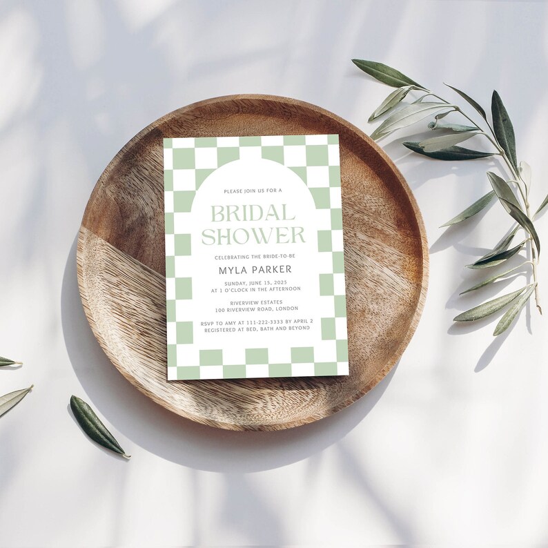 Checkered Sage Green Bridal Shower Invitation, Retro Checker Invitation ...