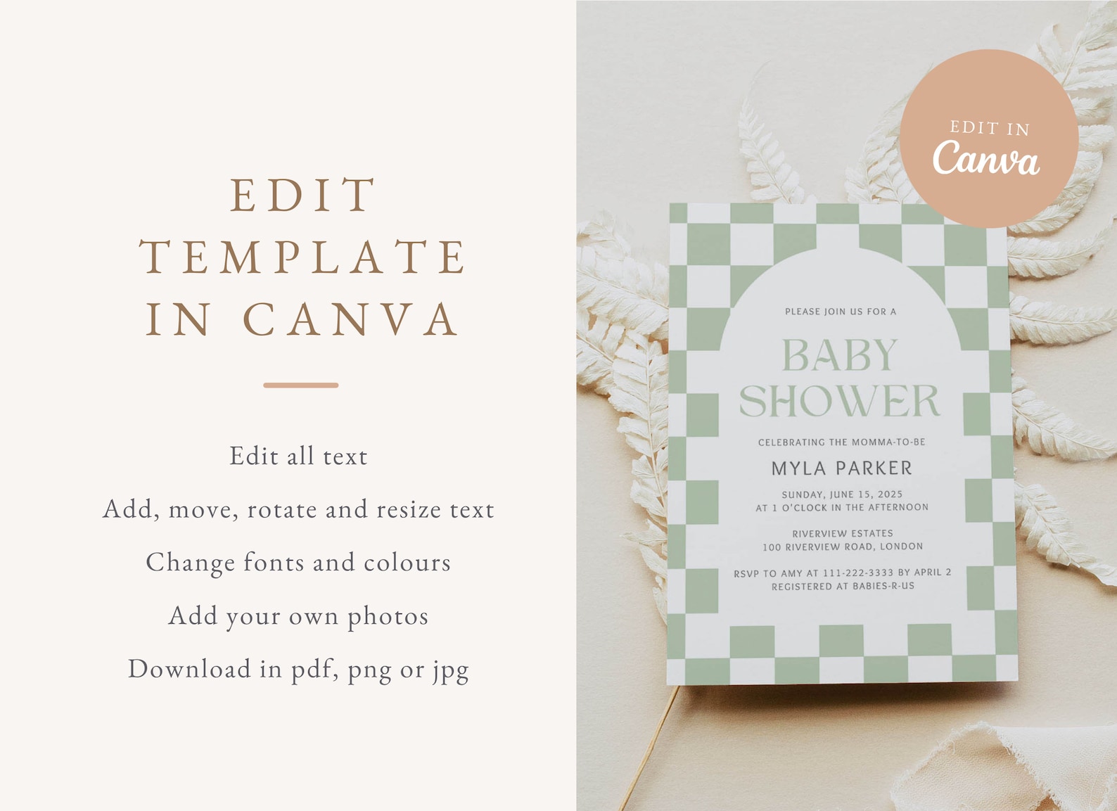 Sage Checkered Baby Shower Invitation, Retro Baby Shower Invite ...