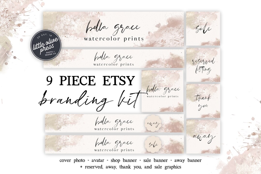 Etsy Branding Kit, Etsy Shop Set, Watercolor Glitter Metallic Script ...