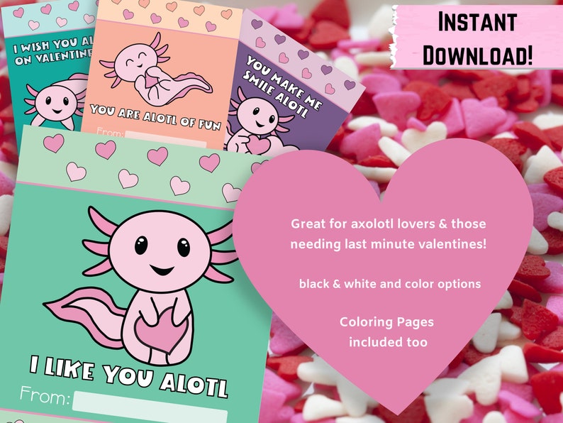 Adorable Axolotl Valentines and Coloring Pages - PDF Printable Coloring ...