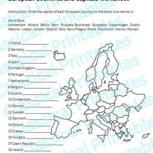20 European Countries and Capitals Geography Worksheet With Word Bank ...