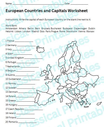 20 European Countries and Capitals Geography Worksheet With Word Bank ...