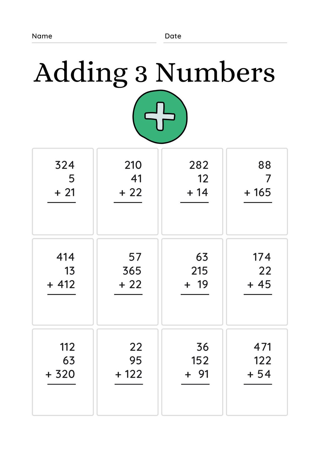 Practicing Addition - 3 Digit - 3 Numbers - Elementary - Math Worksheet ...