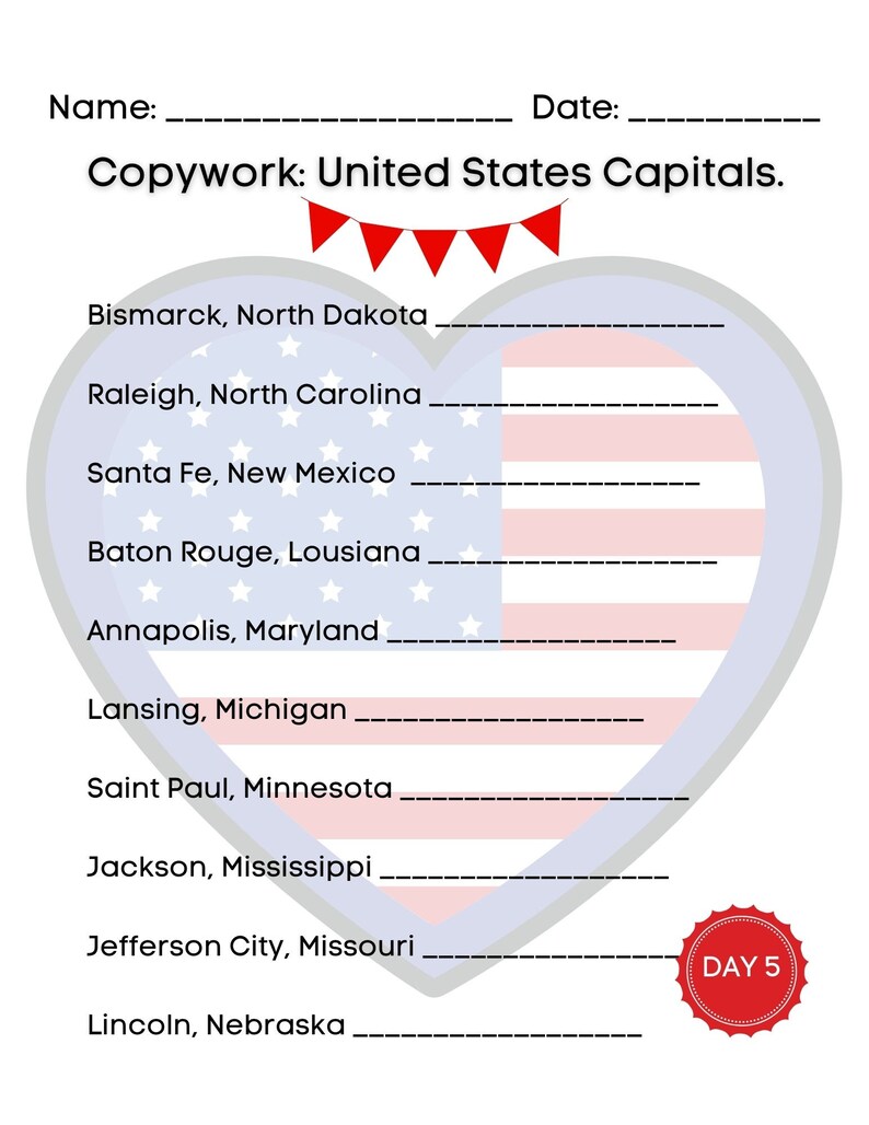 United States Geography Worksheet - States and Capitals - Copy Work ...