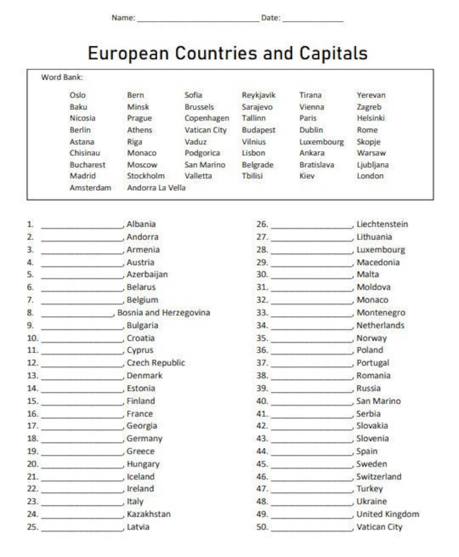 European Countries and Capitals - Homeschool Printable - Geography - 8. ...