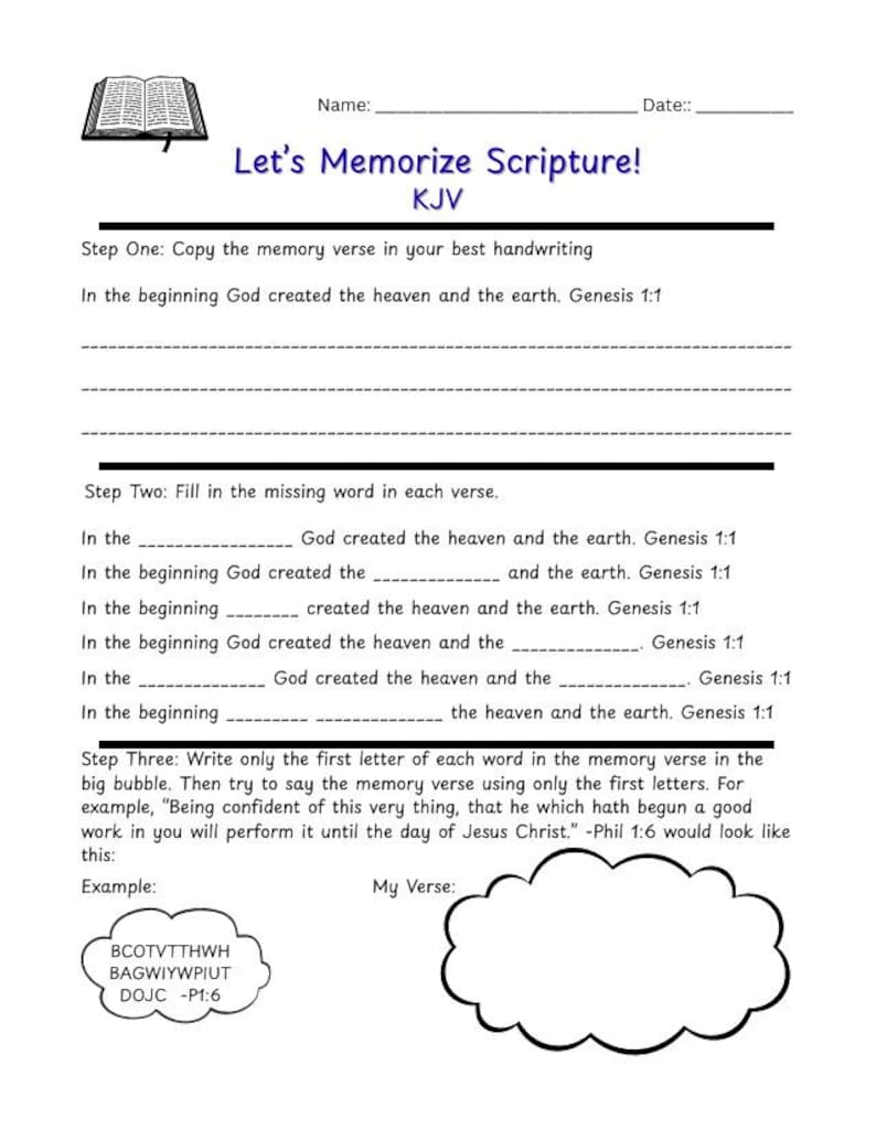 Scripture Memorization Worksheets - 10 Pages/verses - KJV - Bible ...