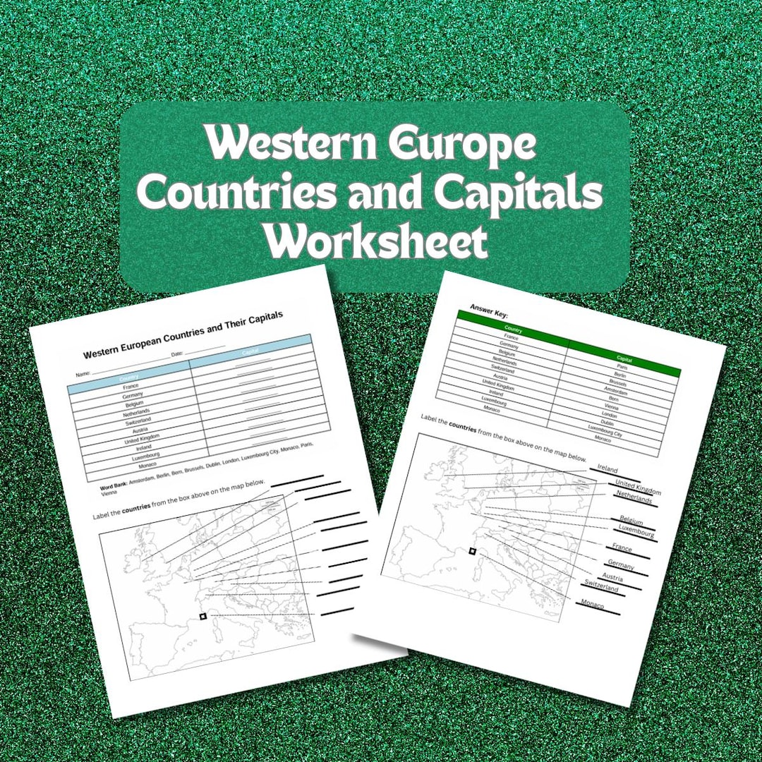 Western Europe Countries and Capitals Worksheet With Map to Label ...