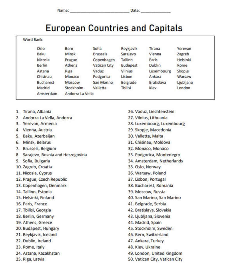 European Countries and Capitals - Homeschool Printable - Geography - 8. ...