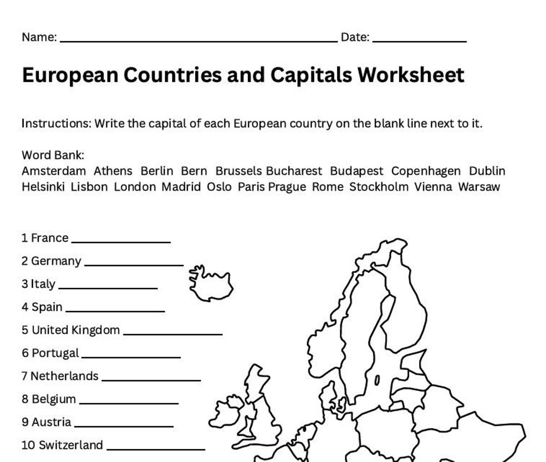20 European Countries and Capitals Geography Worksheet With Word Bank ...