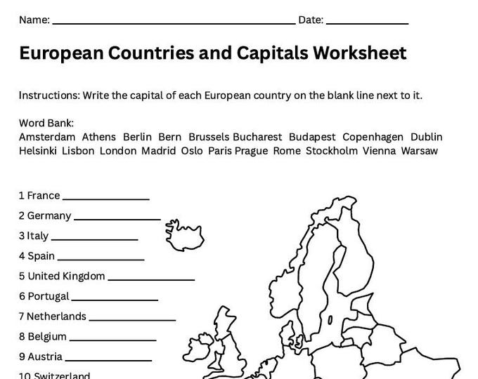 20 European Countries and Capitals Geography Worksheet With Word Bank ...