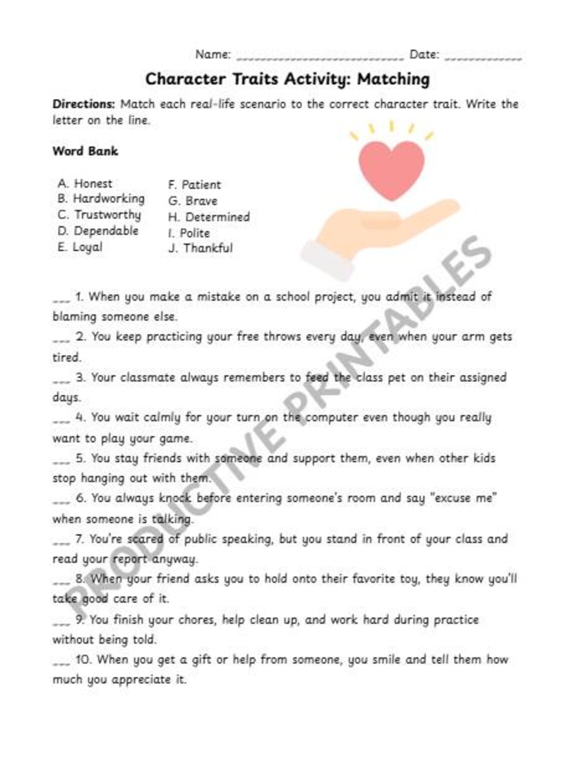 Character Traits - Independent Practice - Homeschool Printable - Lesson ...