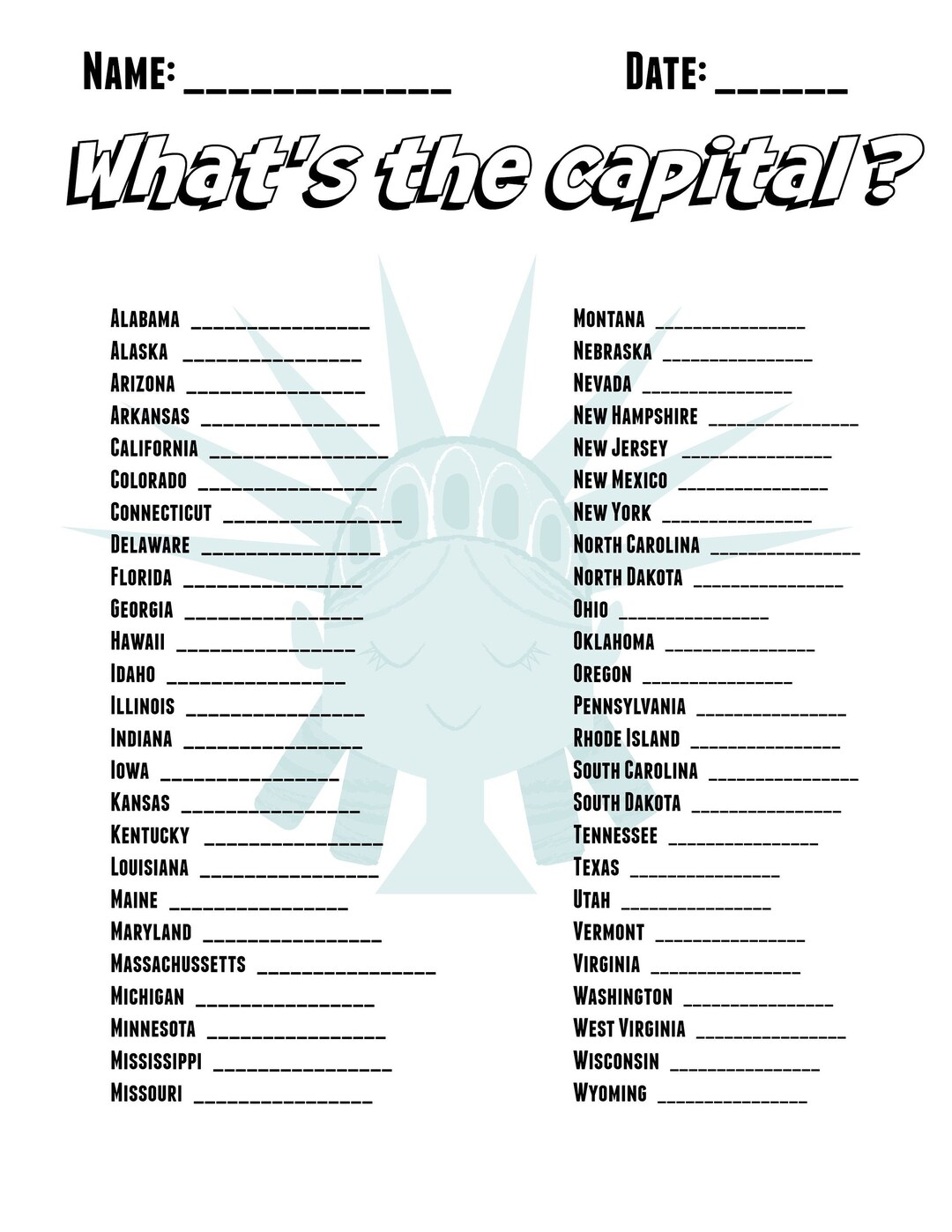 Geography - States and Capitals - Students Fill in the Capitals for ...