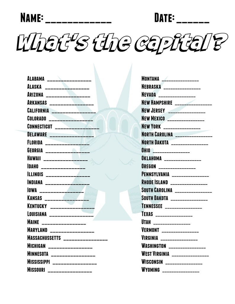 Geography - States and Capitals - Students Fill in the Capitals for ...