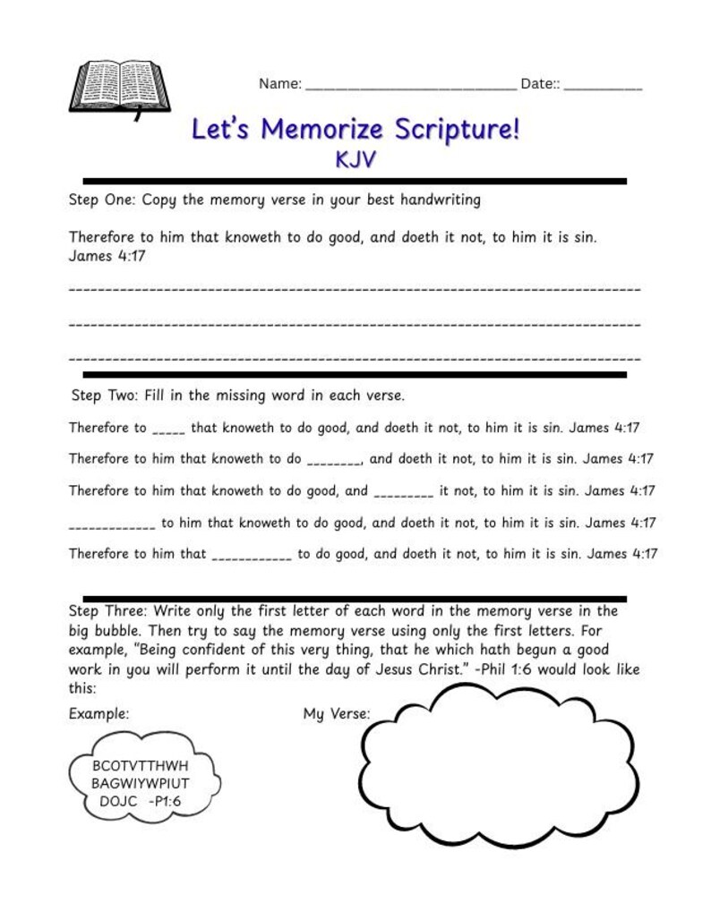 Scripture Memorization Worksheets - 10 Pages/verses - KJV - Bible ...