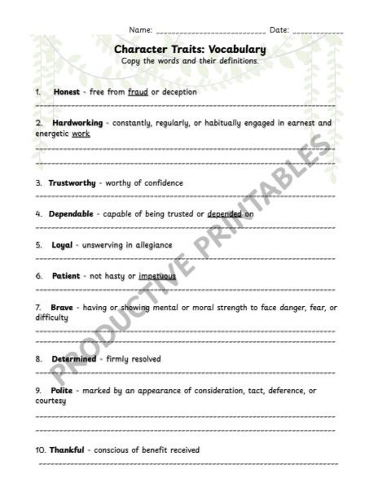 Character Traits - Independent Practice - Homeschool Printable - Lesson ...