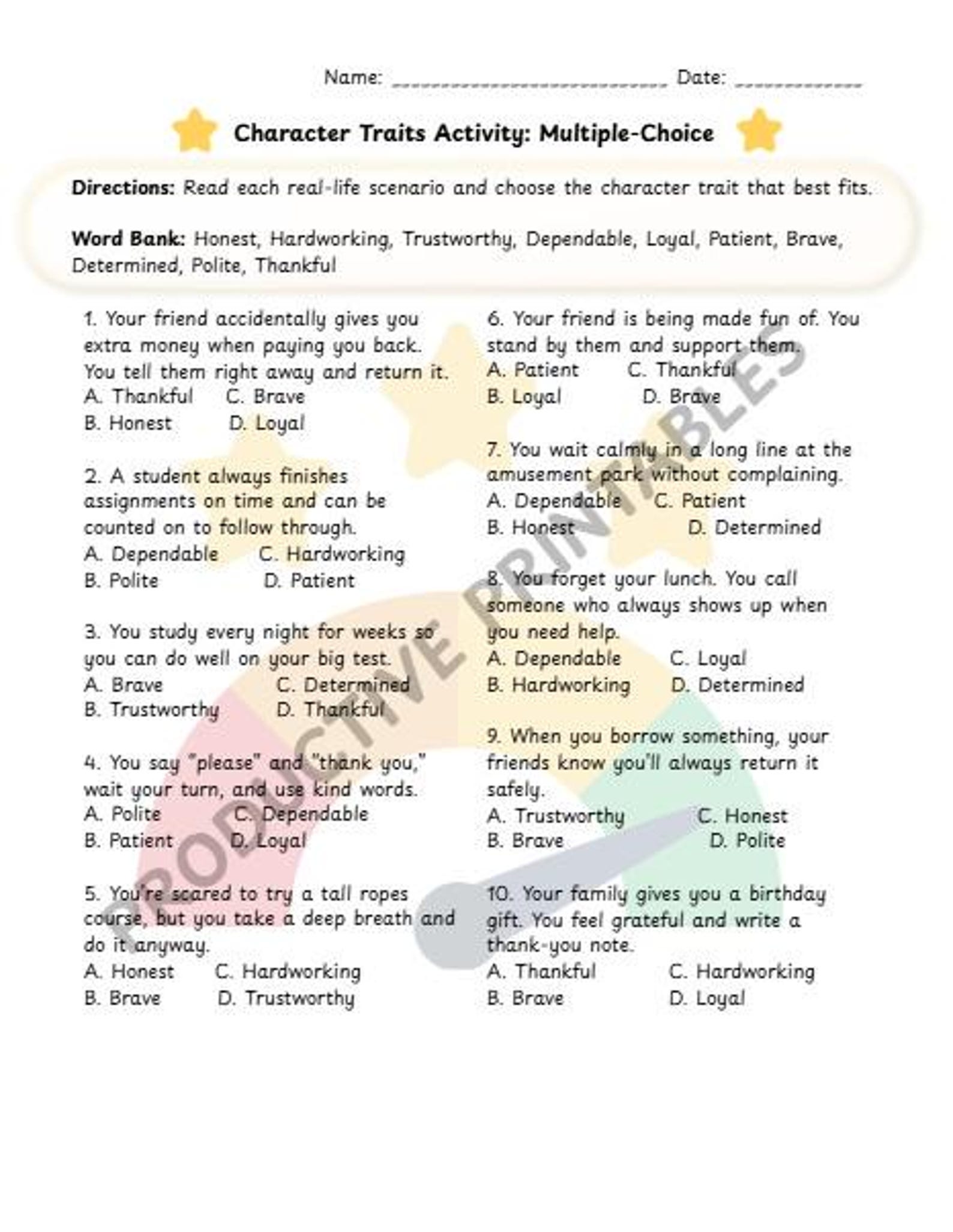Character Traits - Independent Practice - Homeschool Printable - Lesson ...
