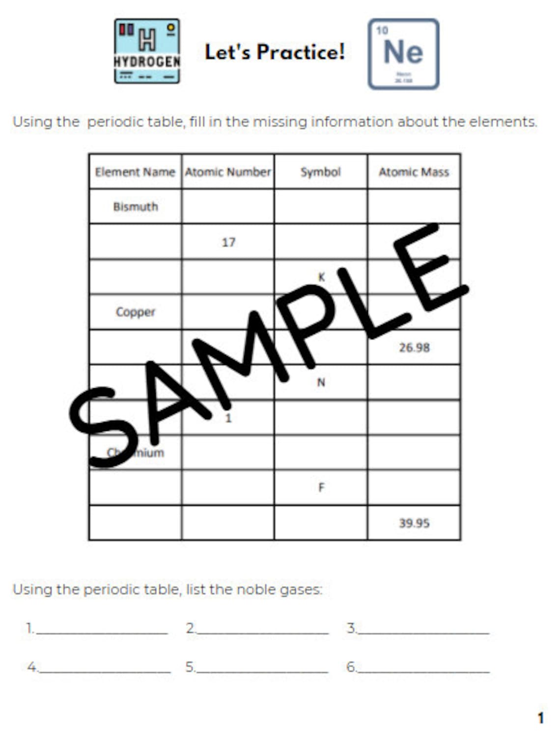 Printable Periodic Table Practice Worksheets - 6 Worksheets With Answer ...