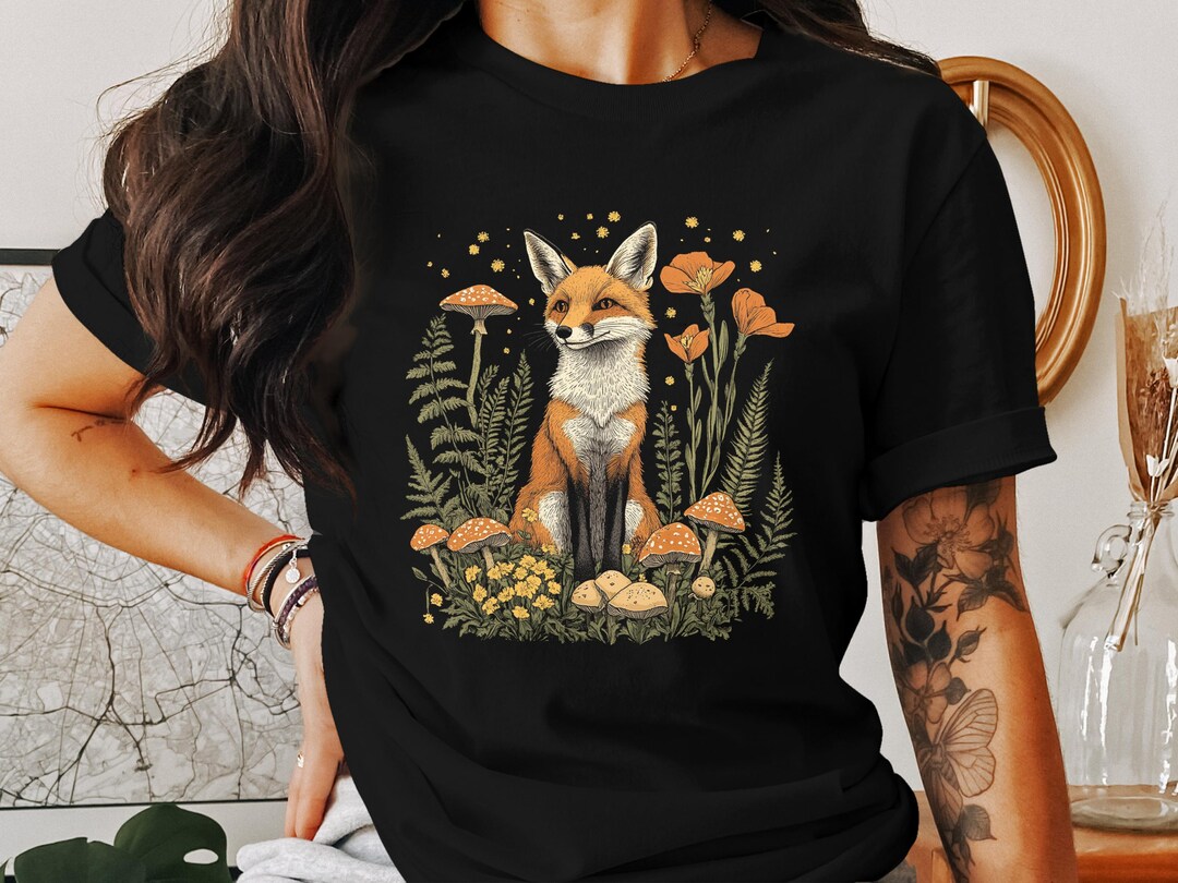 Cute Fox and Floral Cottagecore T-shirt, Whimsical Animal Tee, Woodland ...