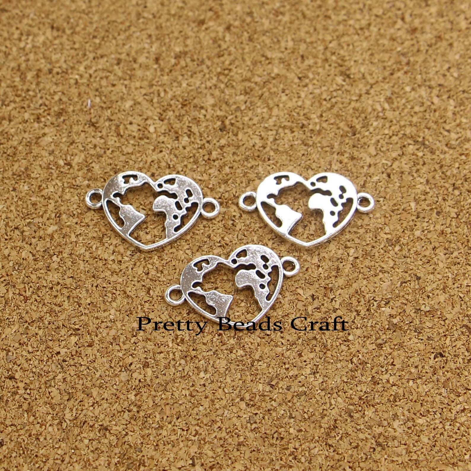 30 World Map Connector Heart Charms Earth Continent Charms Pendants ...