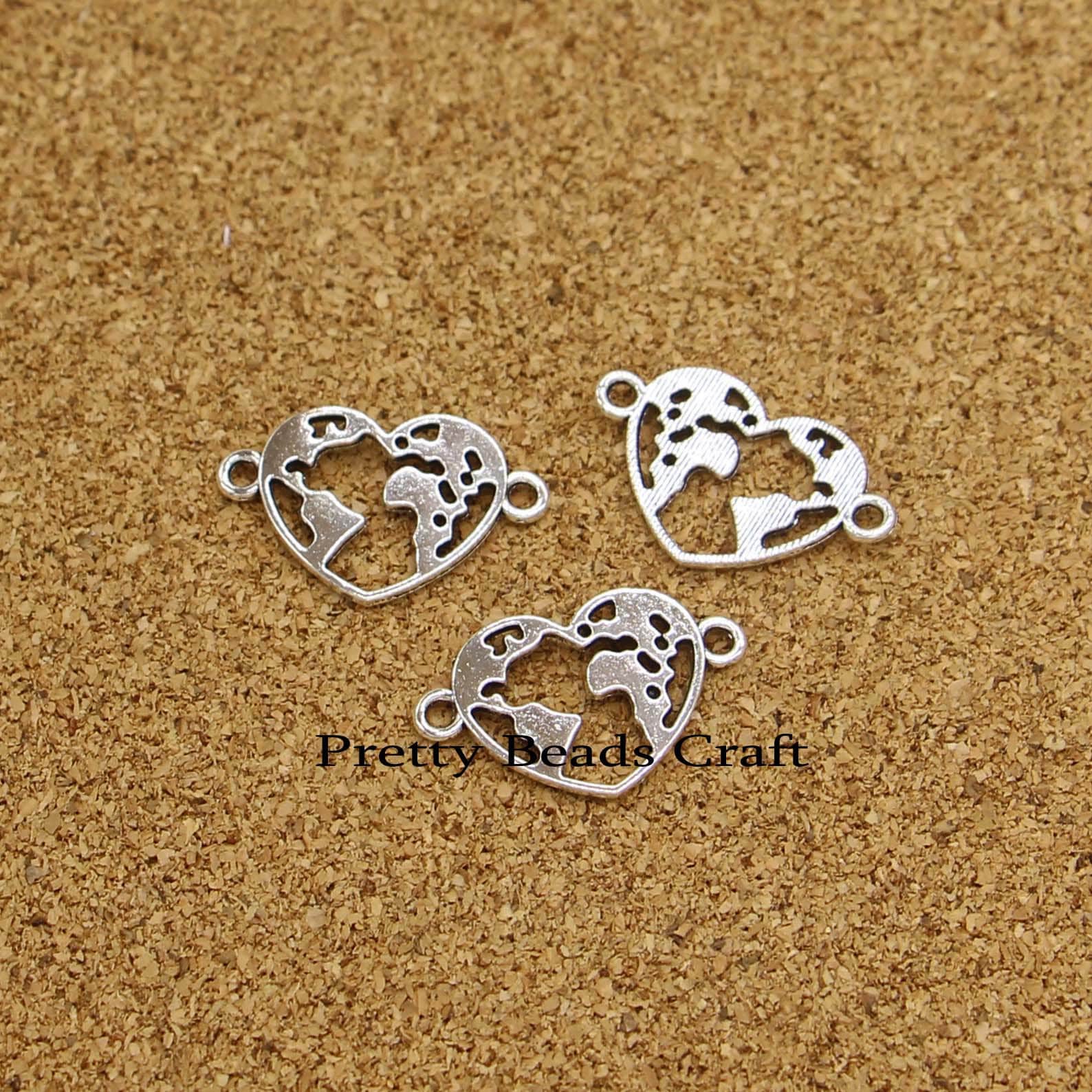 30 World Map Connector Heart Charms Earth Continent Charms Pendants ...
