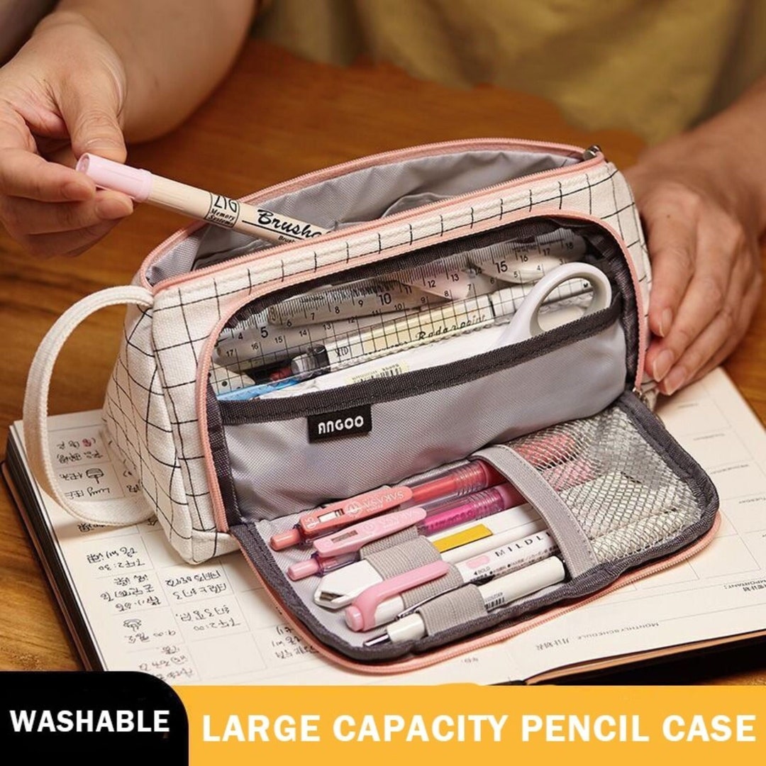 Simple Plaid Pencil Case Multi Layer Large Capacity Cosmetic - Etsy