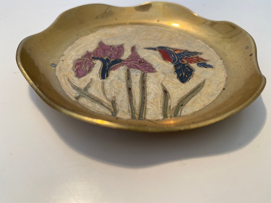 Small Brass Hand Painted Bowl / Dish With Engraved Flower and Bird - Etsy