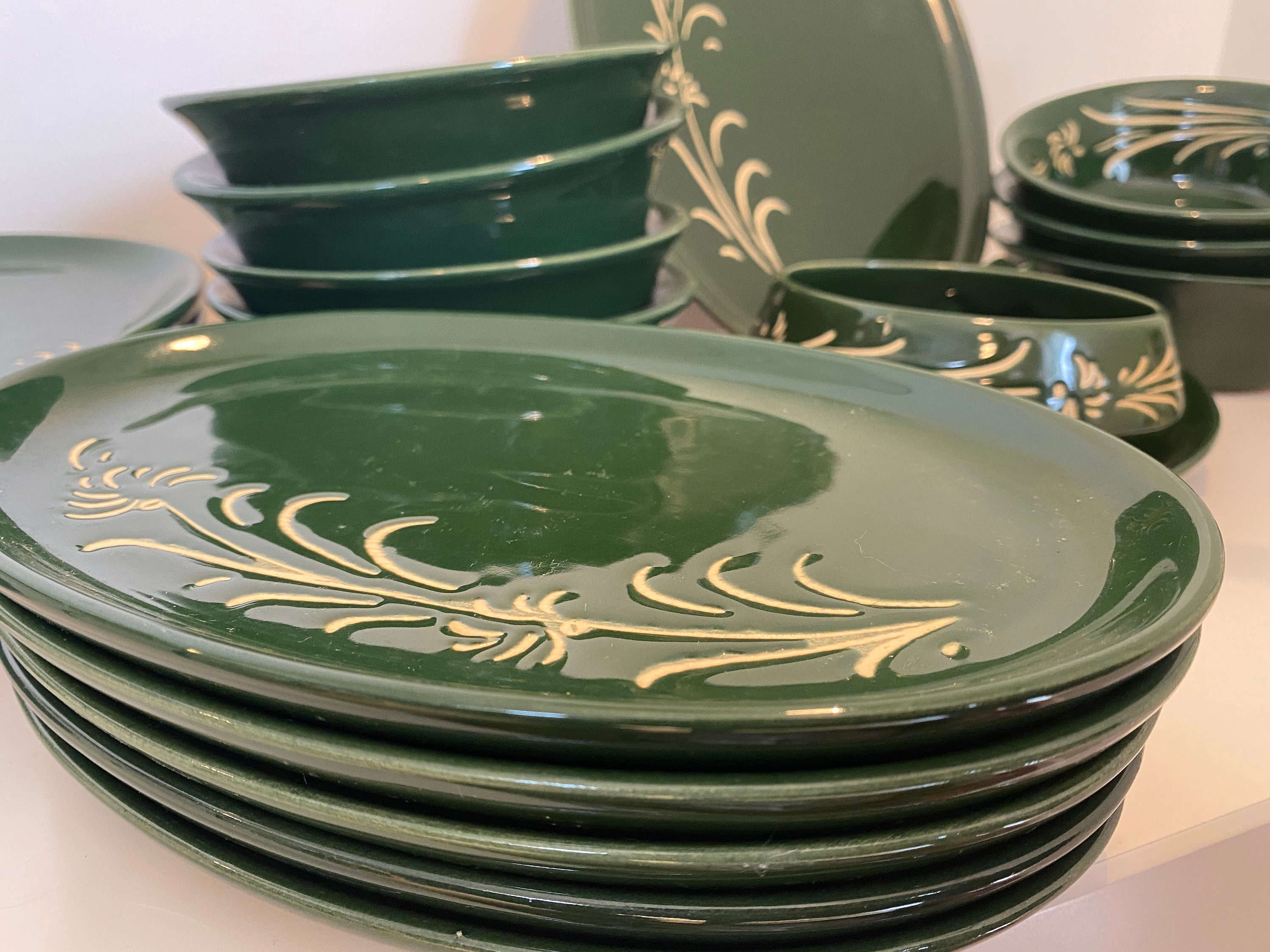 MCM Mid Century Modern Dark Green Pottery Dinner Plates & Bowls - Etsy ...