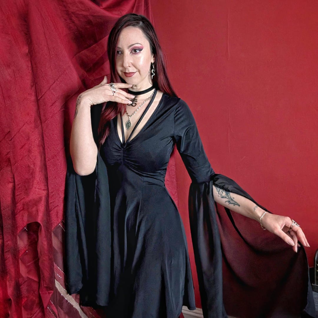 Black Gothic Witch Dress: Lamia Chiffon Bell Sleeves, Handmade - Etsy