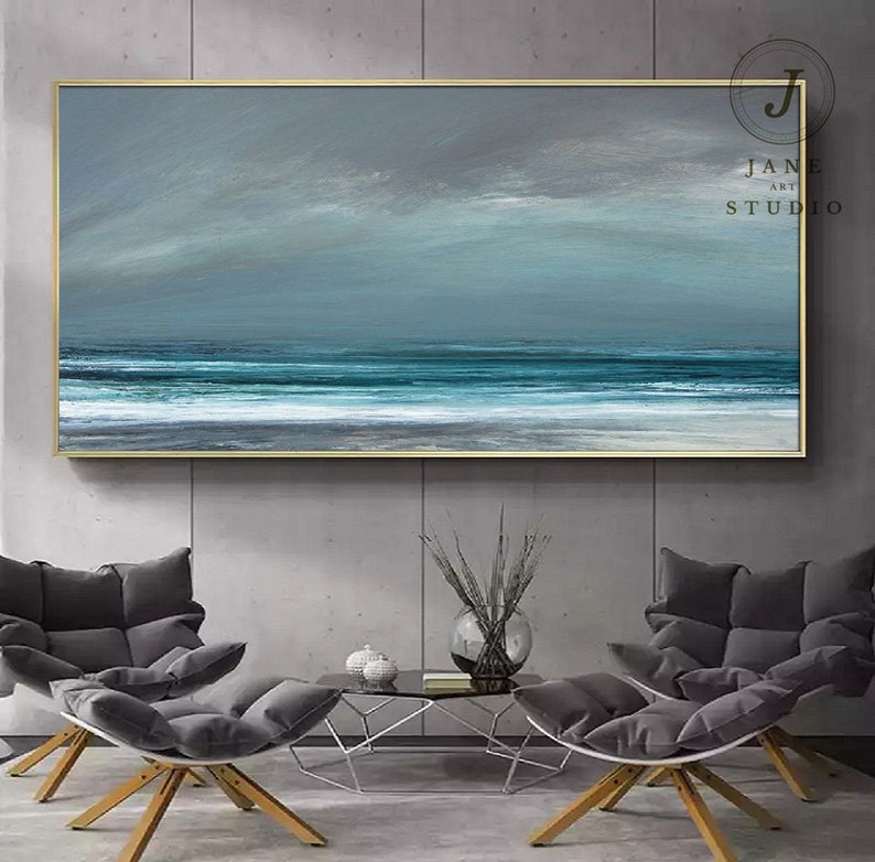 Large Original Sea Level Blue Oil Painting,large Wall Art Light Blue ...