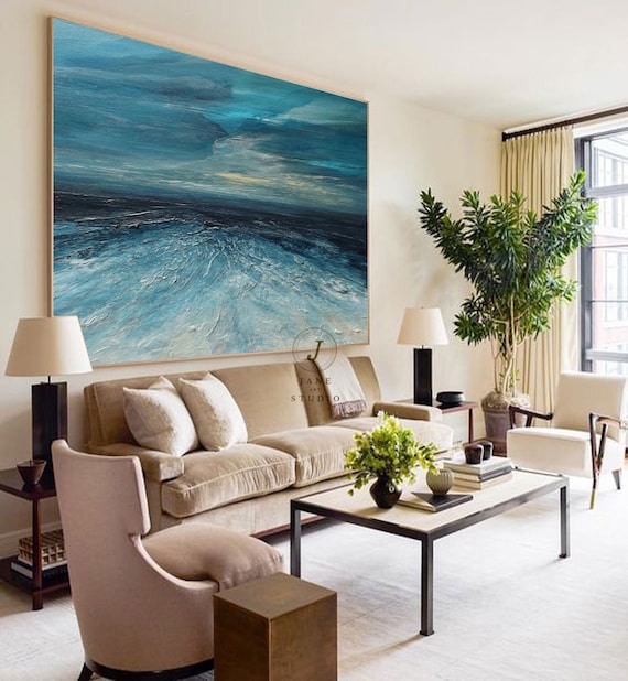 Original Navy Blue Sea Level Canvas Painting Waves Landscape - Etsy