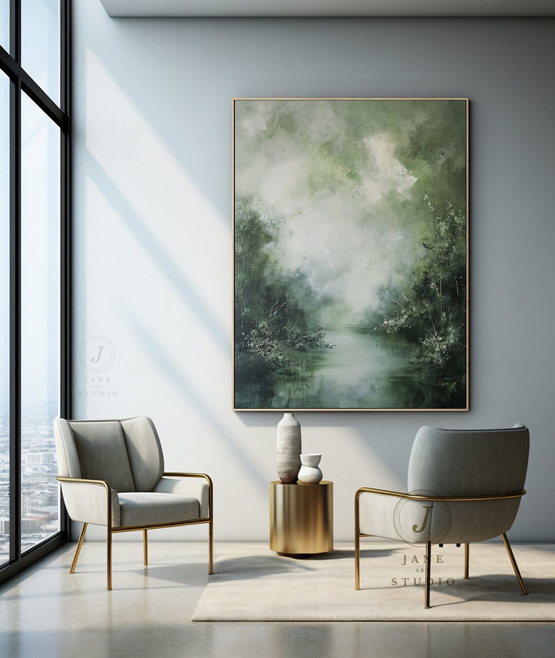 Green Abstract Painting Green Minimalism Painting Cloud Landscape ...