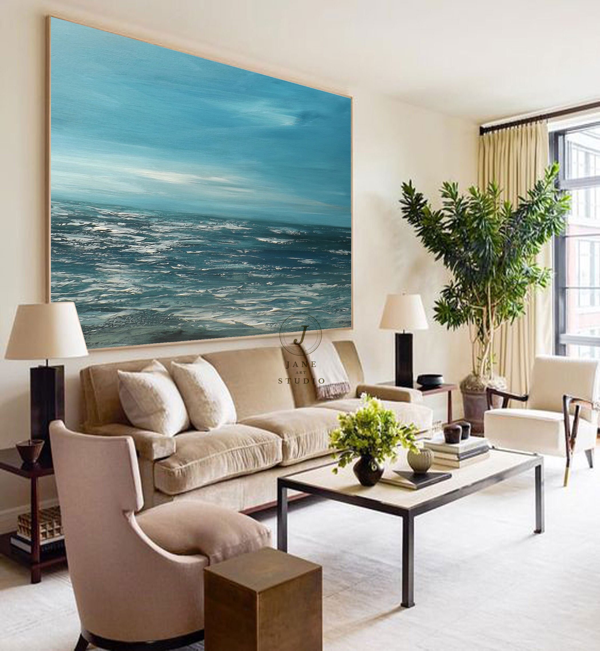 Large Ocean Canvas Painting, Sea Level Landscape Art, Original Sea ...