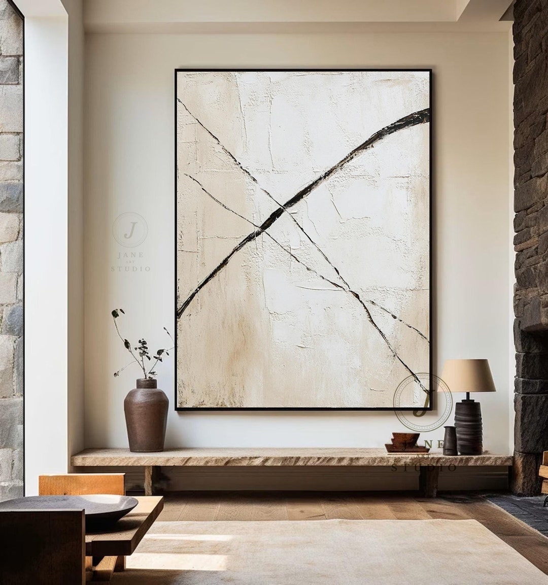 Wabi Sabi Beige Texture Oil Painting: Large Black Line Abstract Wall ...
