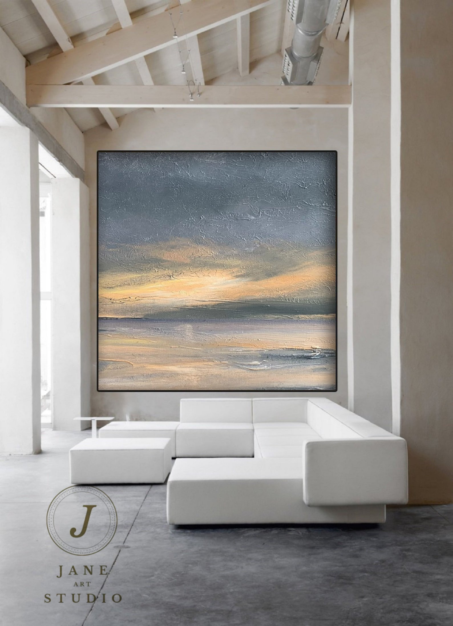 Sunrise Landscape Painting, Large Abstract Art Painting on Canvas, Gray ...