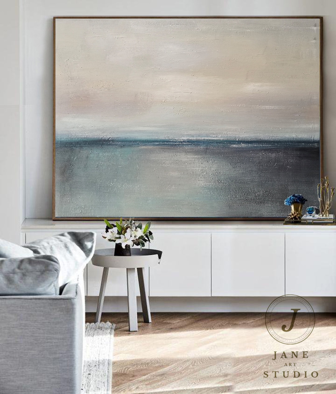 Original Sea Abstract Painting,green Ocean Landscape Painting,gray Sky ...