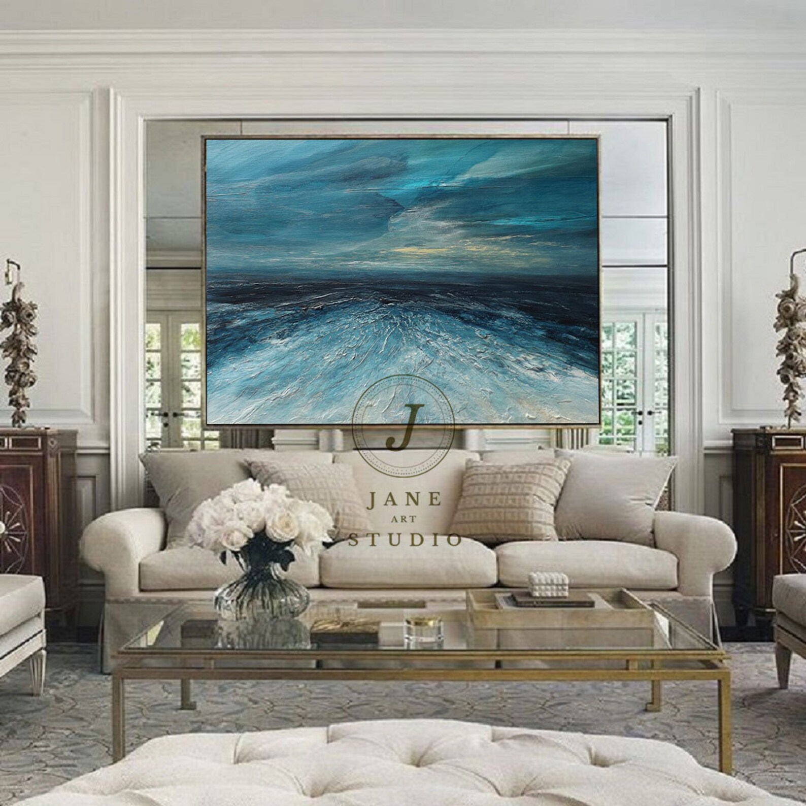 Original Navy Blue Sea Level Canvas Painting Waves Landscape | Etsy UK