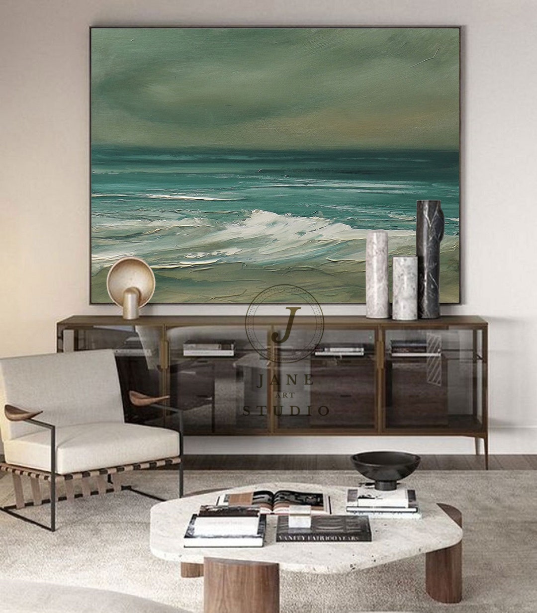 Seascape Abstract Painting, Large Sea Level Landscape Abstract Painting ...