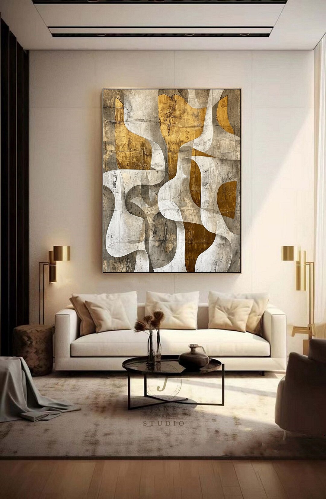 Oversized Golden Artwork Abstract Painting on Canvas Beige Painting ...
