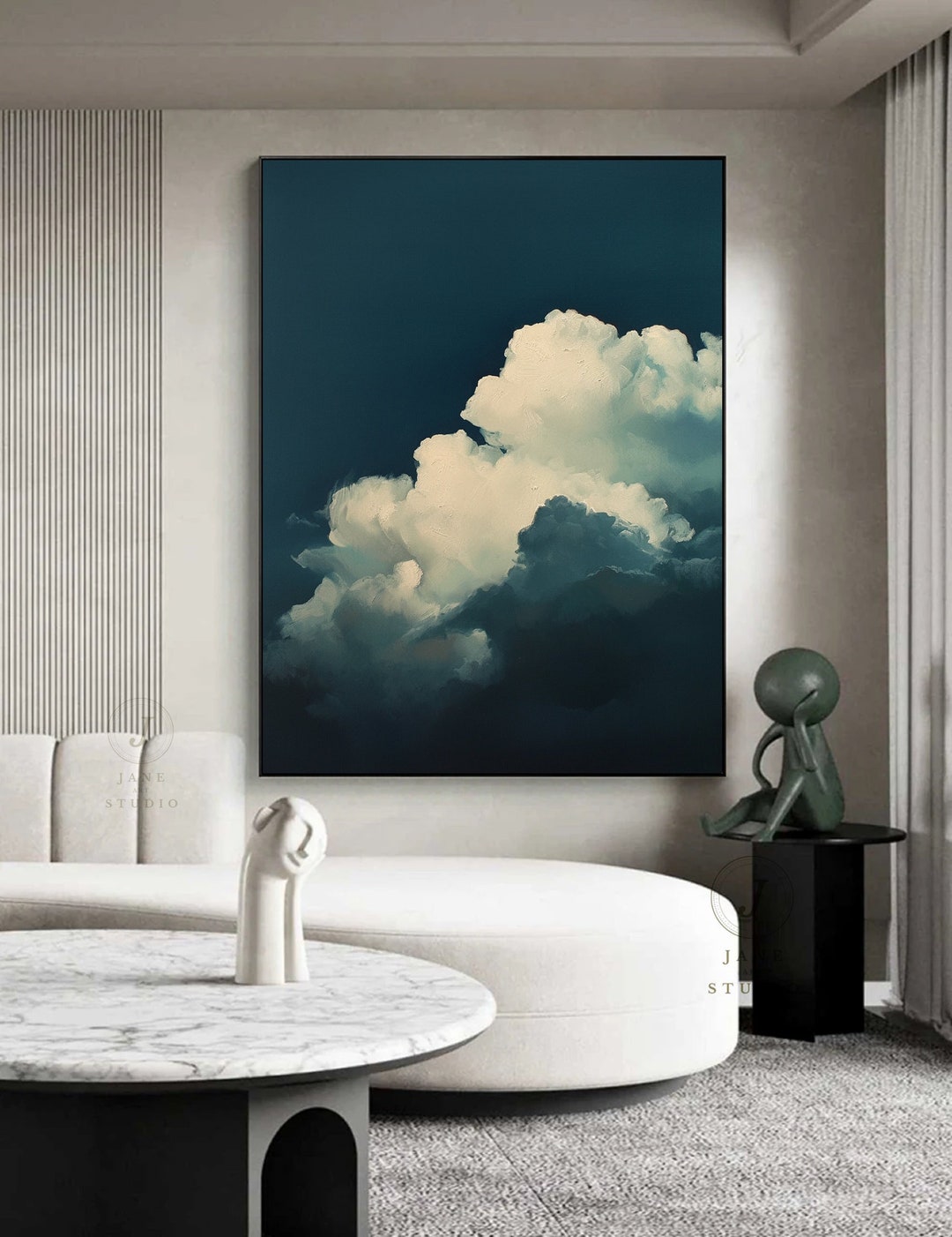 White Cloud Wall Art Large Cloud Painting Navy Blue Sky Painting ...